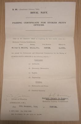 Passing certificate for Stoke Petty Officer - Chatham Historic Dockyard ...