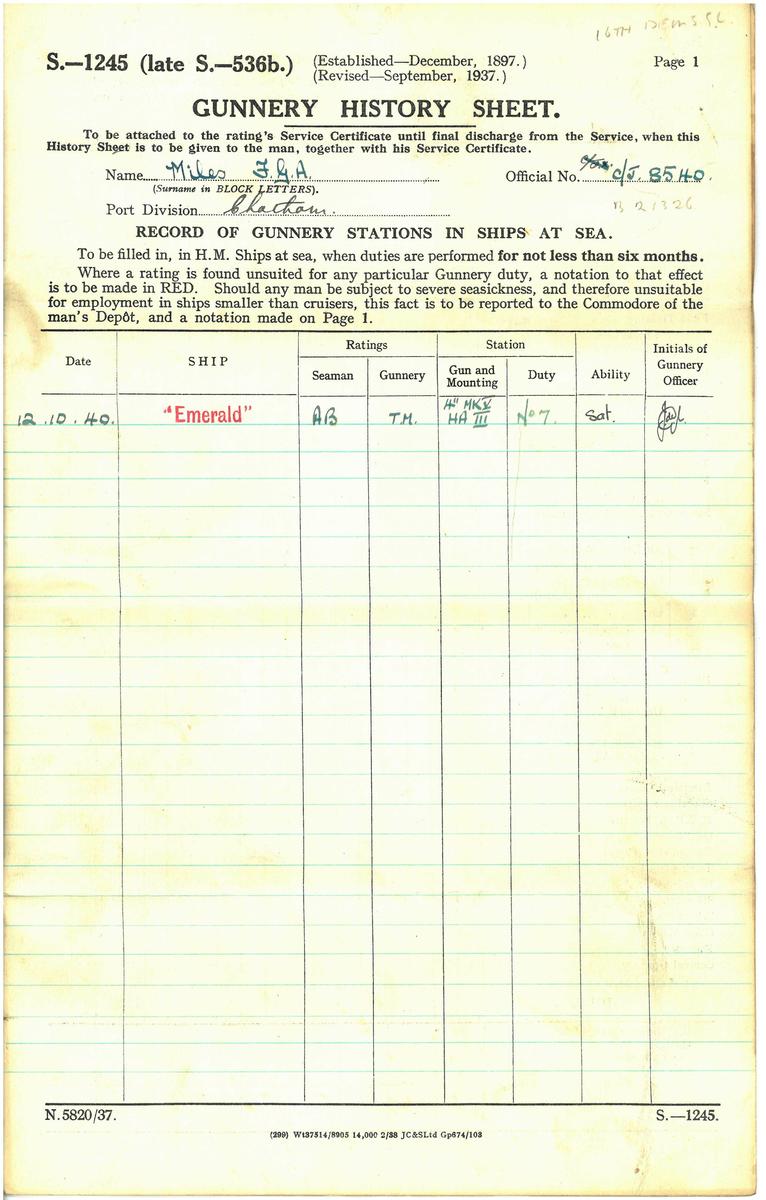 Gunnery History Sheet for F.G. A. Miles on HMS Emerald - Chatham ...