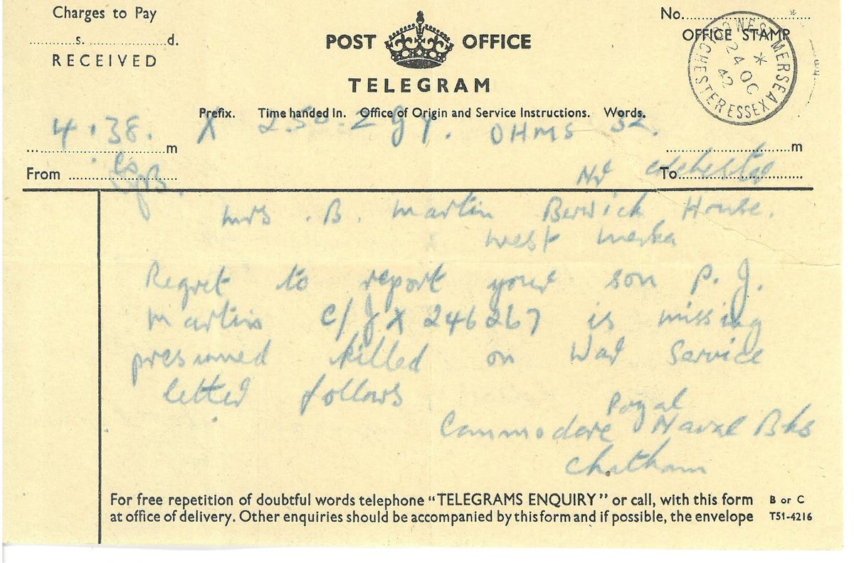 Telegram from the Commodore of Royal Naval Barracks Chatham to Mrs ...