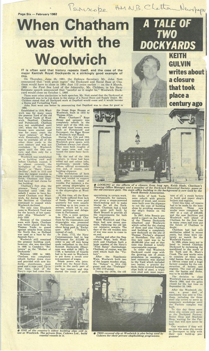 Periscope Newspaper clipping 'When Chatham was with the Woolwich ...