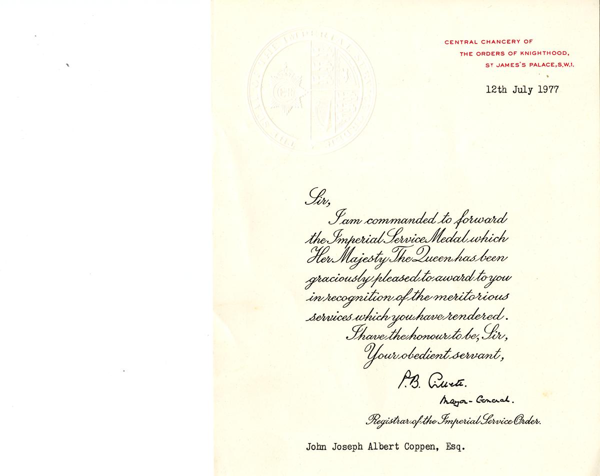 Imperial Service Medal Certificate awarded to John JA Coppen 12th July ...