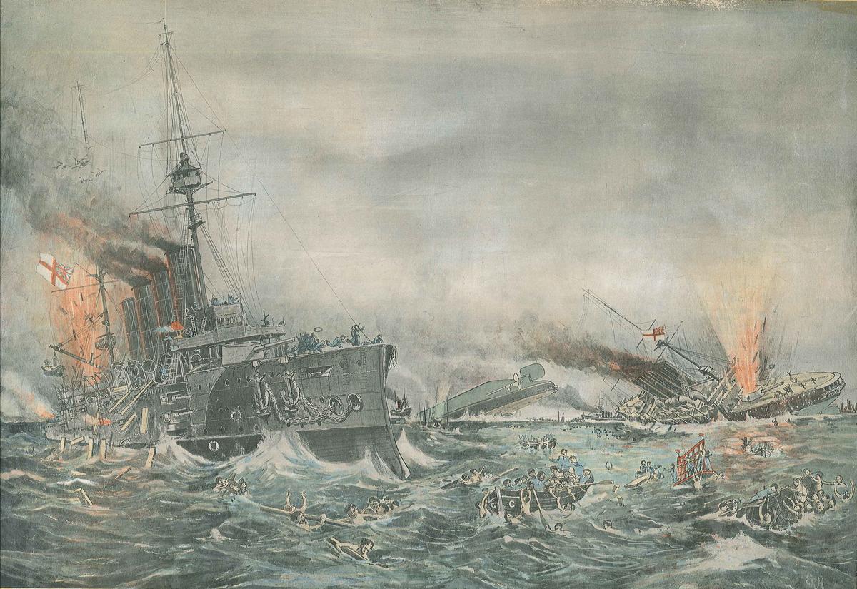 Print: The sinking of H.M. Ships Aboukir; Hogue and Cressy in the North ...